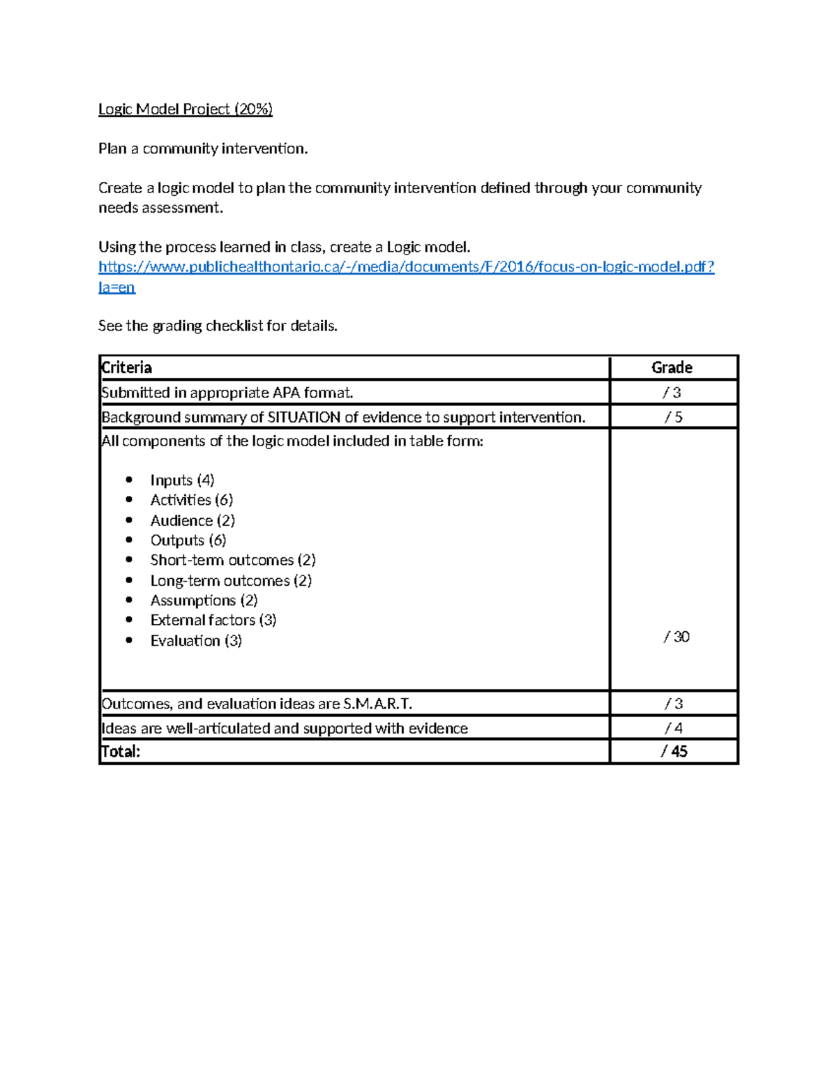 Logic Model Project and Rubric - Logic Model Project (20%) Plan a ...