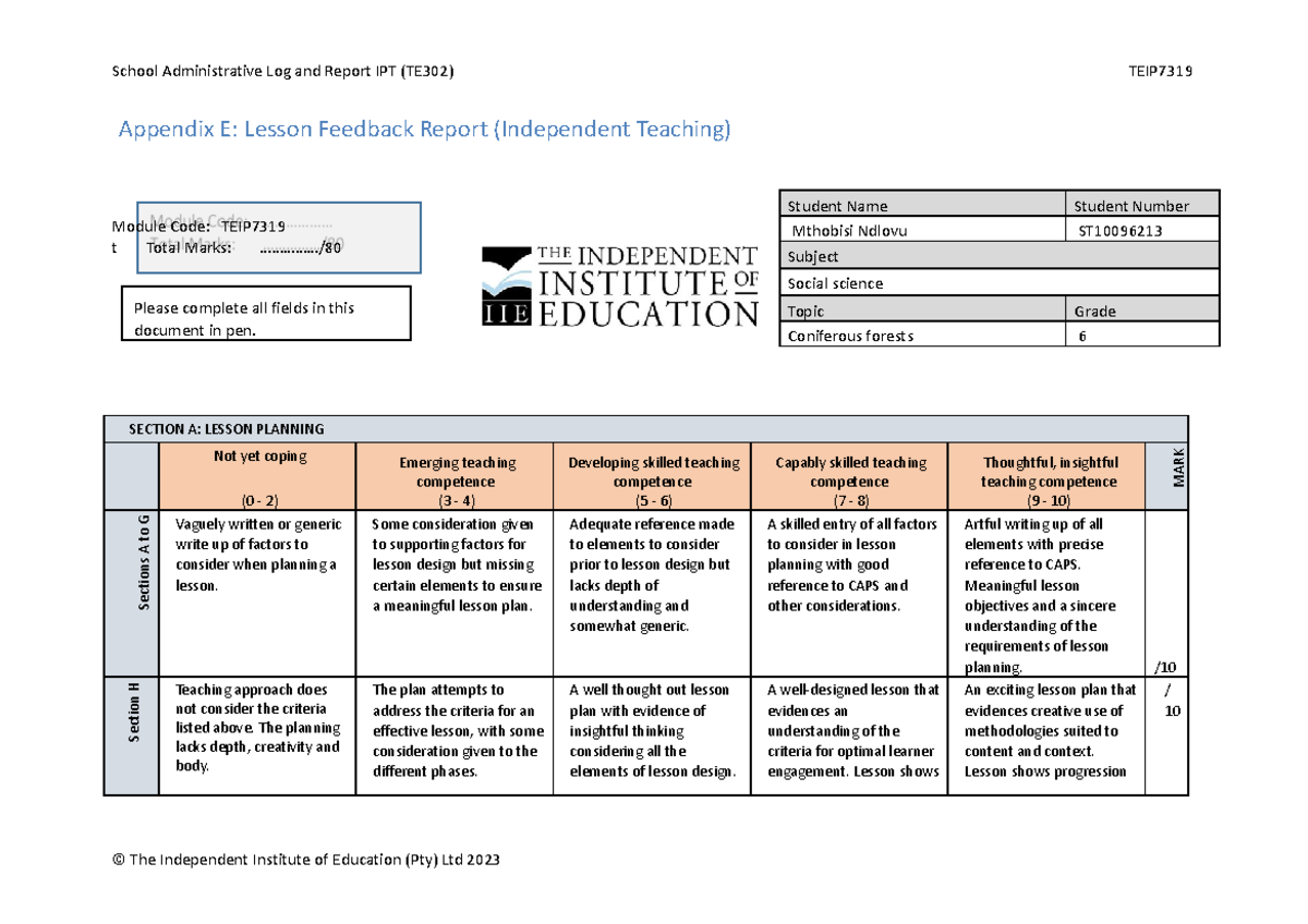 TEIP Lesson Feedback Report: Evaluating Independent Teaching Skills - Studocu