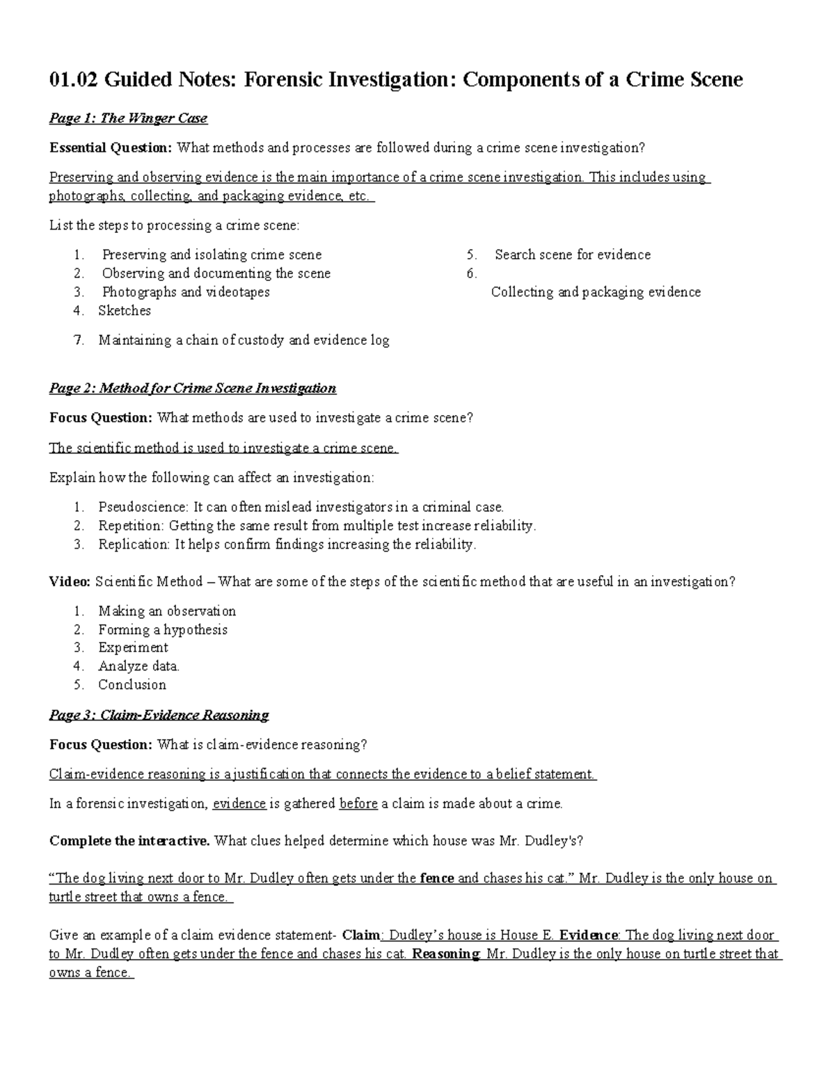 01.02 Guided Notes: Forensic Investigation - Crime Scene Components ...