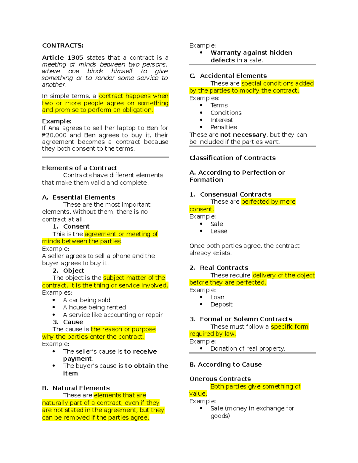 Contracts Notes: Understanding Article 1305 and Essential Elements ...