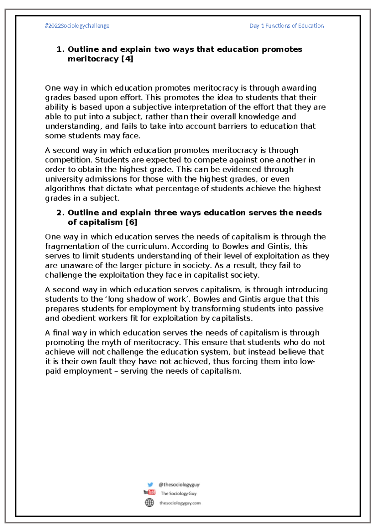 2022 Sociology Challenge Day 1: Functions of Education Explained - Studocu