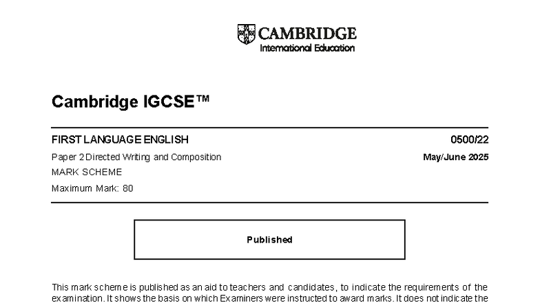 Cambridge IGCSE FIRST LANGUAGE ENGLISH 0500 Paper 2 Mark Scheme 2025 ...