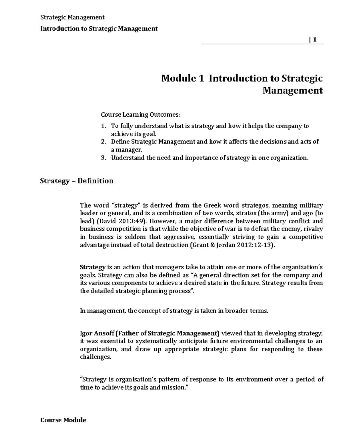 W1 Introduction to Strategic Management - Module - Strategic Management ...
