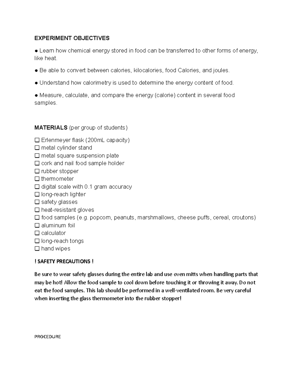 Calorimetry Experiment - EXPERIMENT OBJECTIVES Learn how chemical ...