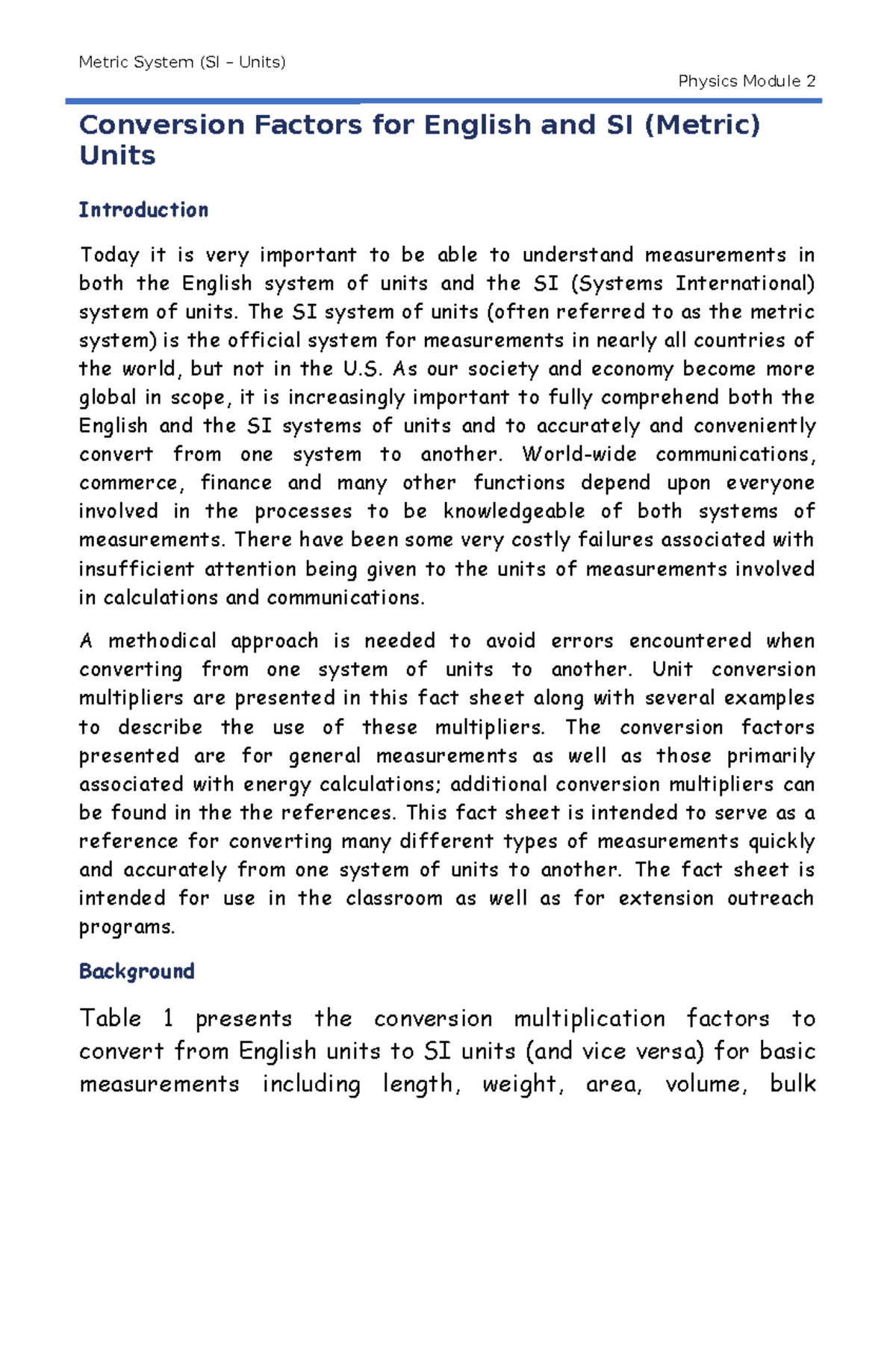 Lesson 1: English & SI Conversion Factors in Physics Module 2 - Studocu