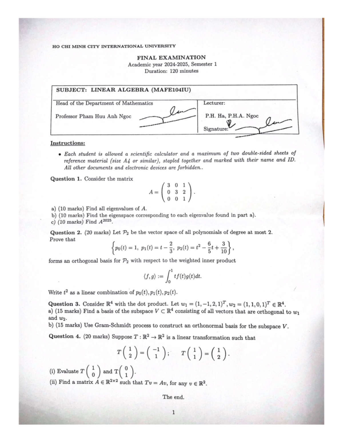 Final Exam MAFE104IU Linear Algebra 2024-2025 Semester 1 - Studocu