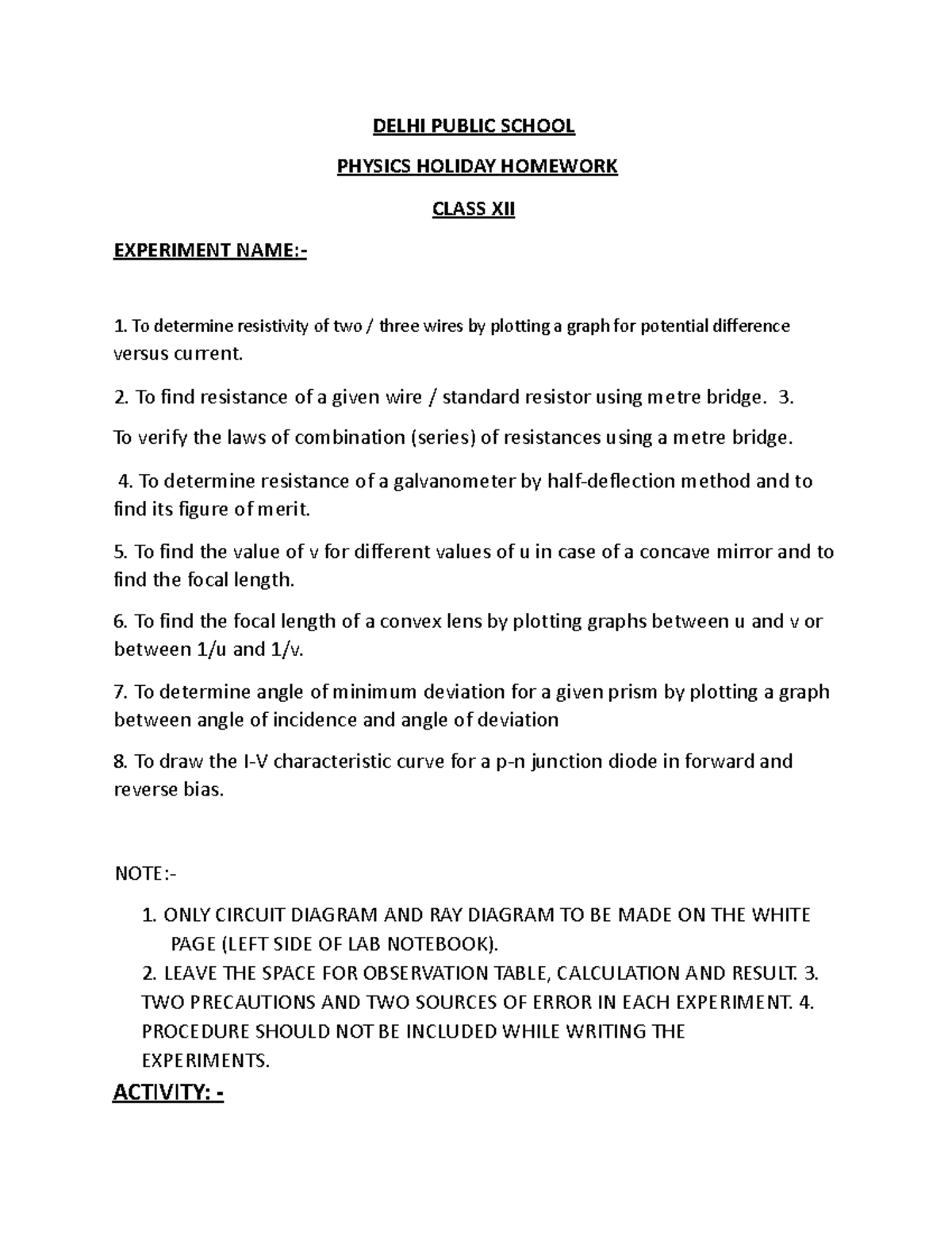 Holiday Homework Class XII Physics: Experiments & Activities - Studocu