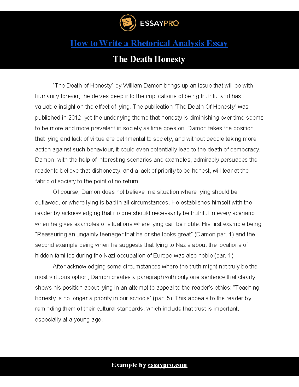 Rhetorical Analysis Essay Example: The Death of Honesty - Studocu