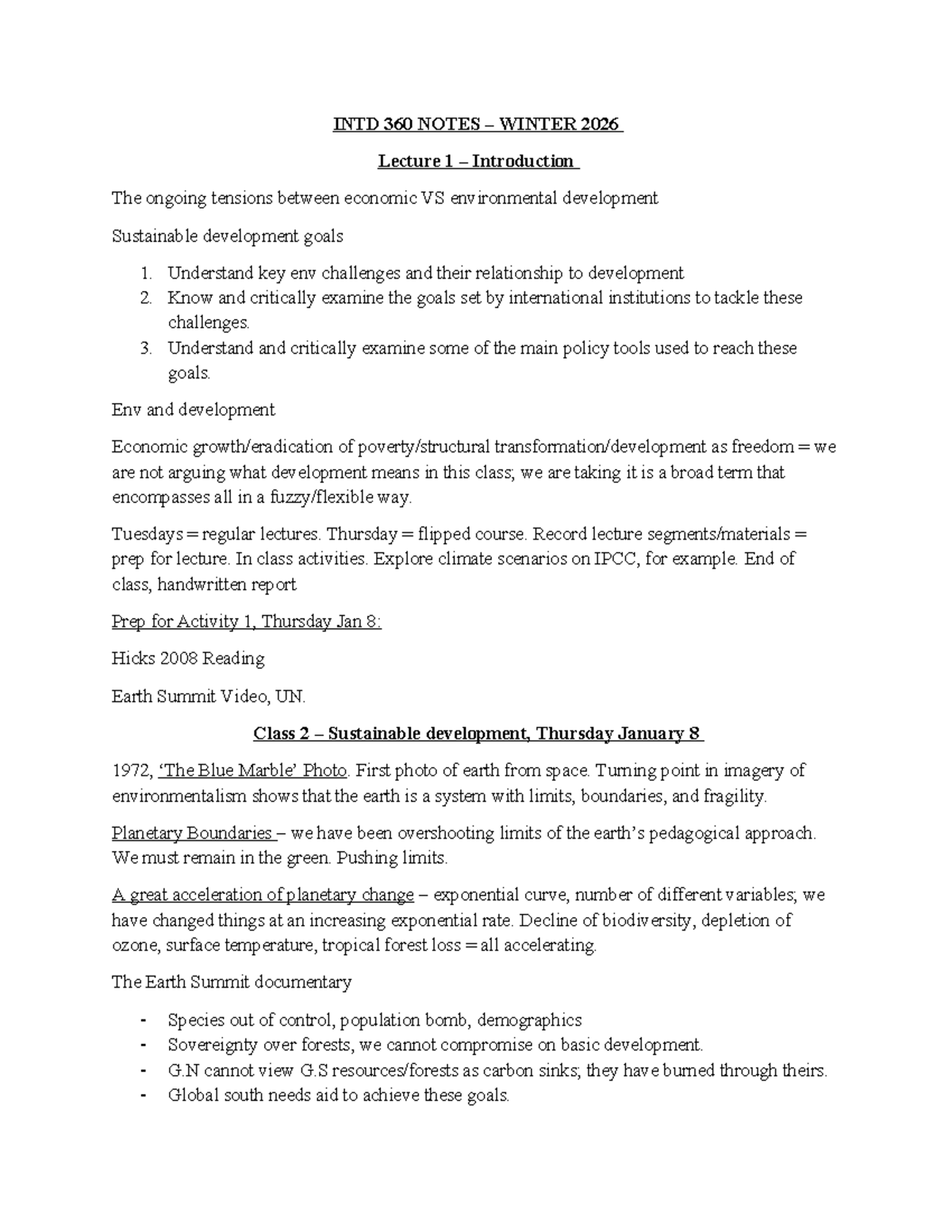 INTD 360 WINTER 2026 Lecture 1: Economic vs. Environmental Development ...