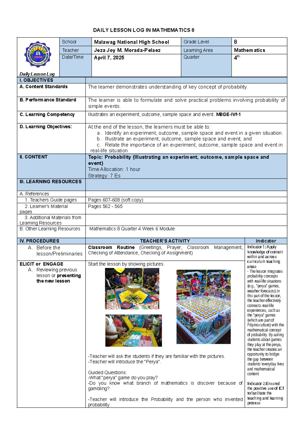 COT MATH 8 - Daily Lesson Log on Probability Concepts - Studocu