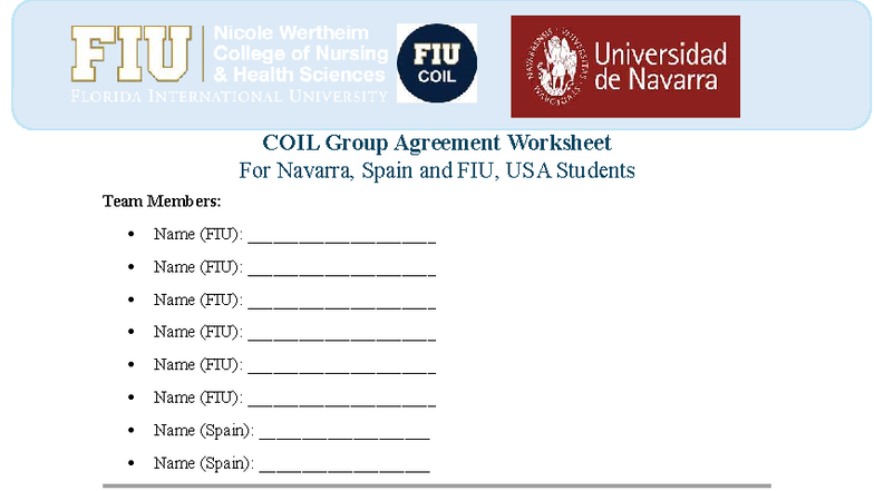COIL Group Agreement Worksheet Wk 2 for Navarra & FIU Students - Studocu