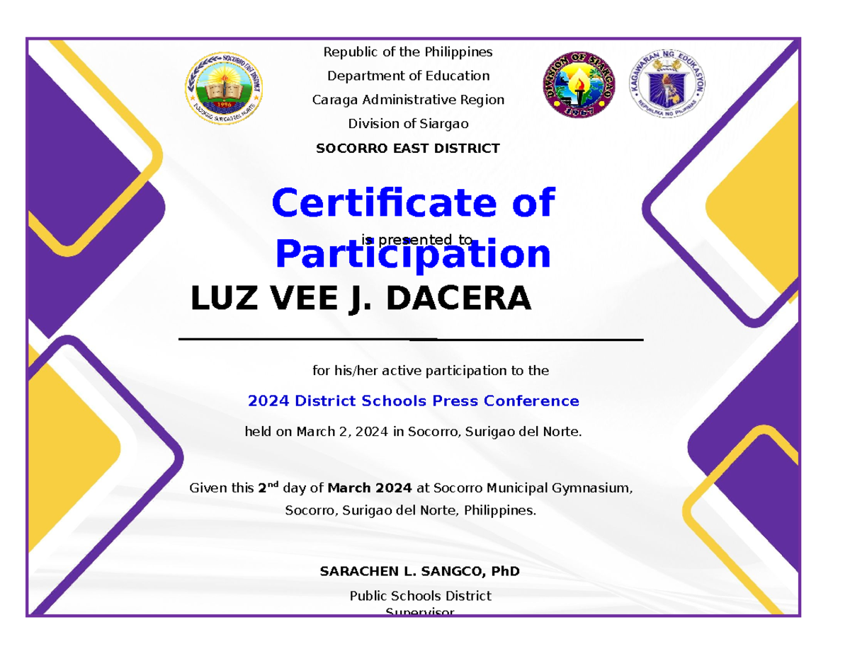 Certificate of Participation Dspcs 2023 East - Republic of the ...