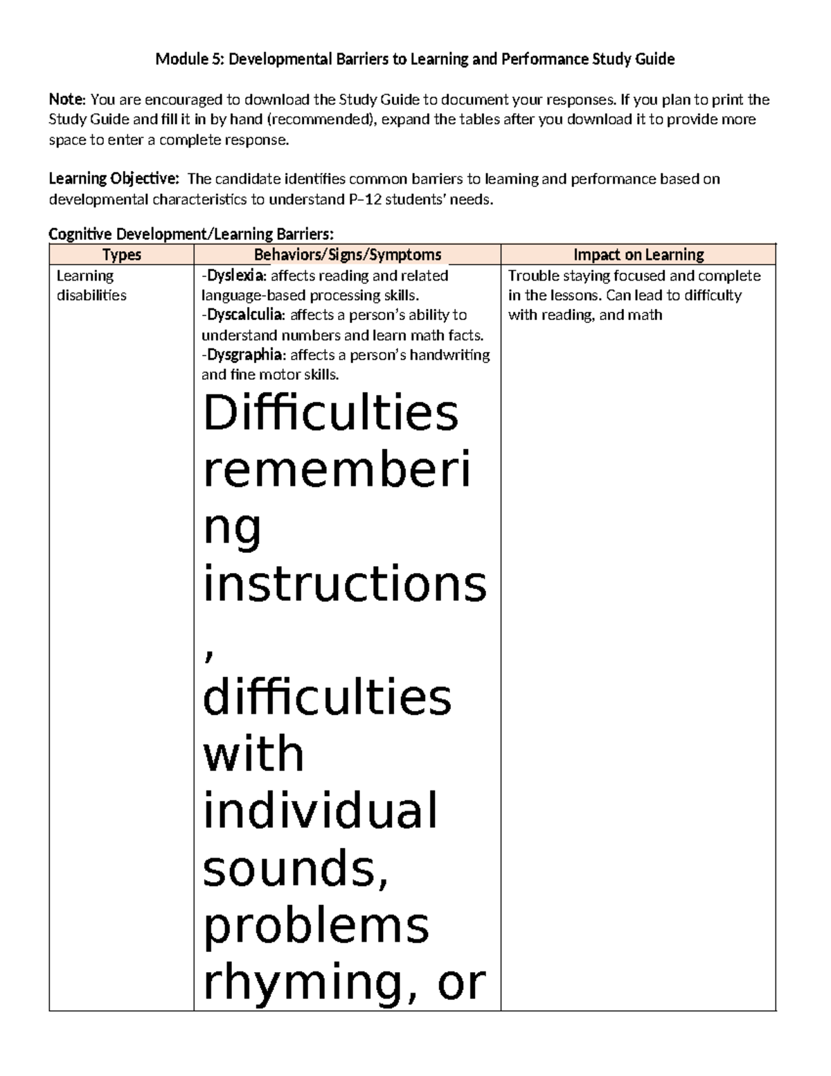 Module 5 - Notes - Module 5: Developmental Barriers to Learning and ...