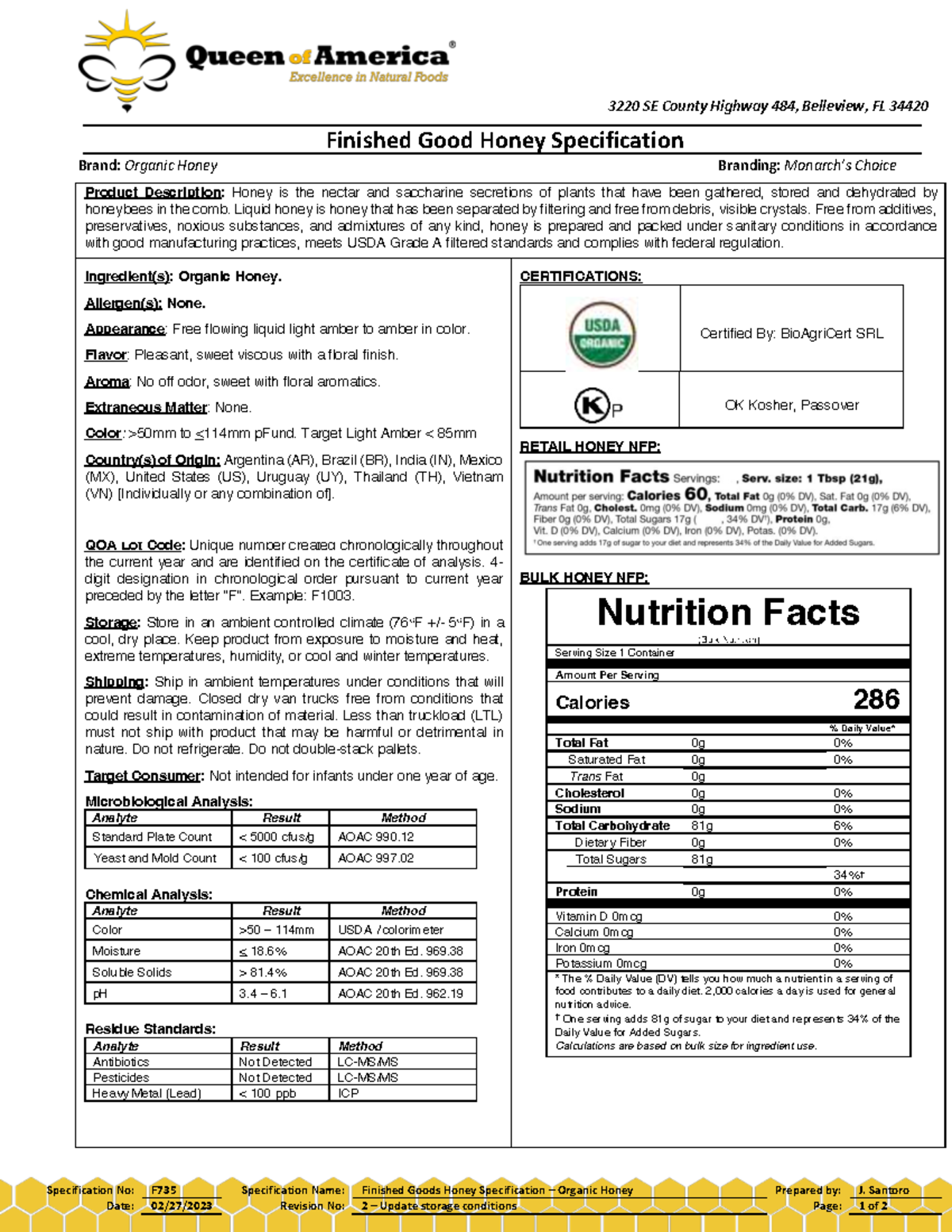 Finished Goods Specification for Organic Honey - 3220 SE County Hwy 484 ...