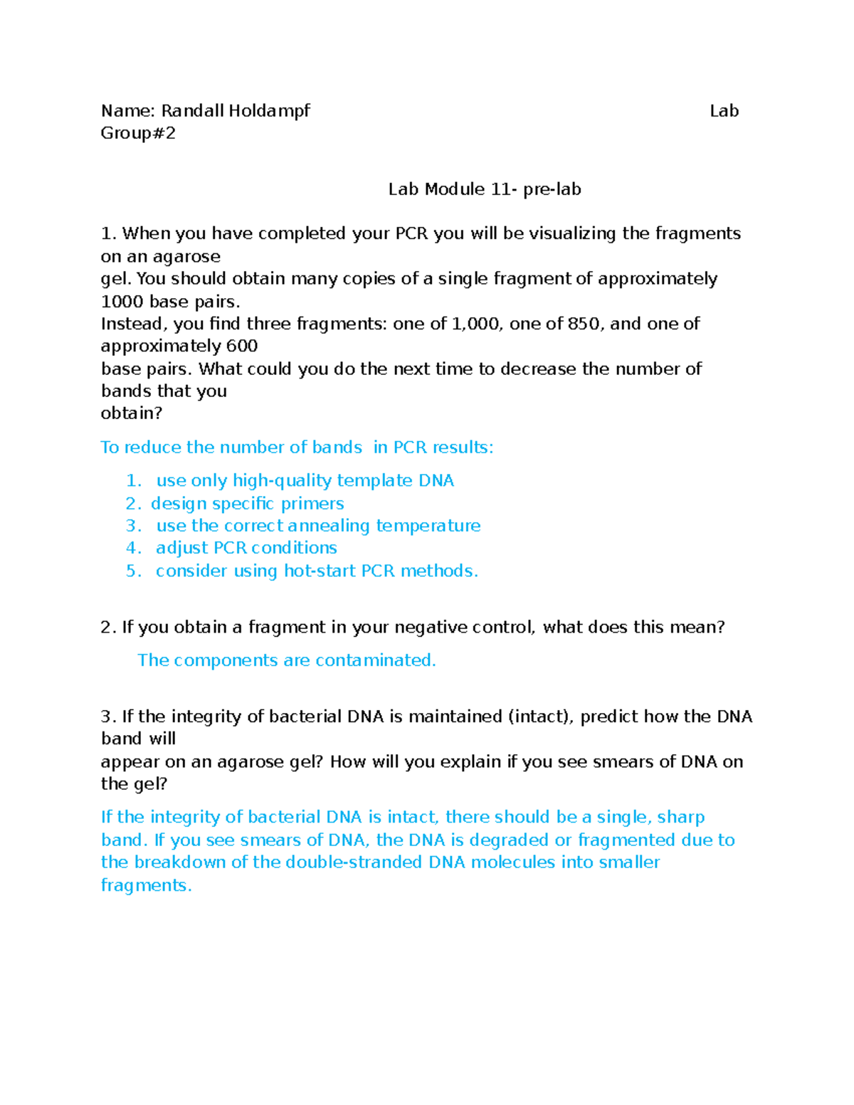 Randall Holdampf Lab Module 1 - Pre-lab 11 questions and PCR analysis ...