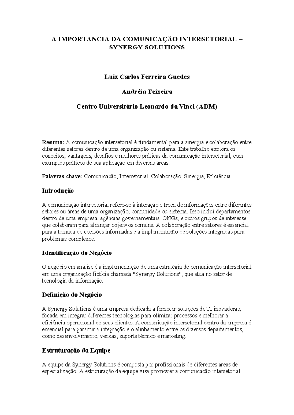 A Importância da Comunicação Intersetorial na Synergy Solutions - ADM ...