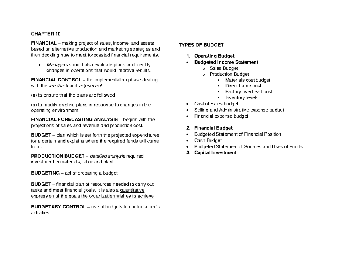 Fin Mar - CHAPTER 10: FUNDAMENTALS OF BUDGETING AND FINANCIAL CONTROL ...