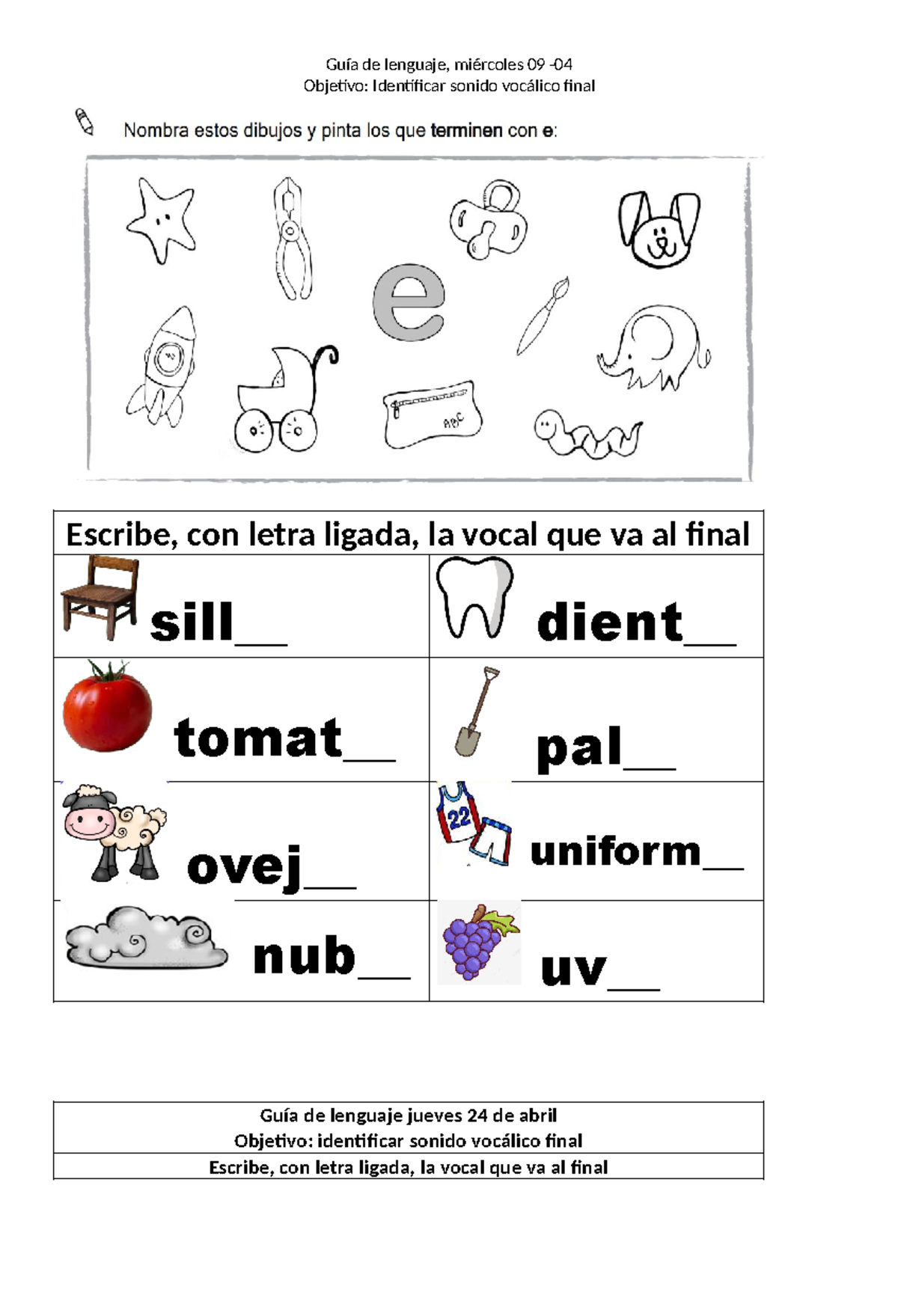 Sonido Final A-E: Ejercicios para Identificar Palabras por Vocal - Studocu
