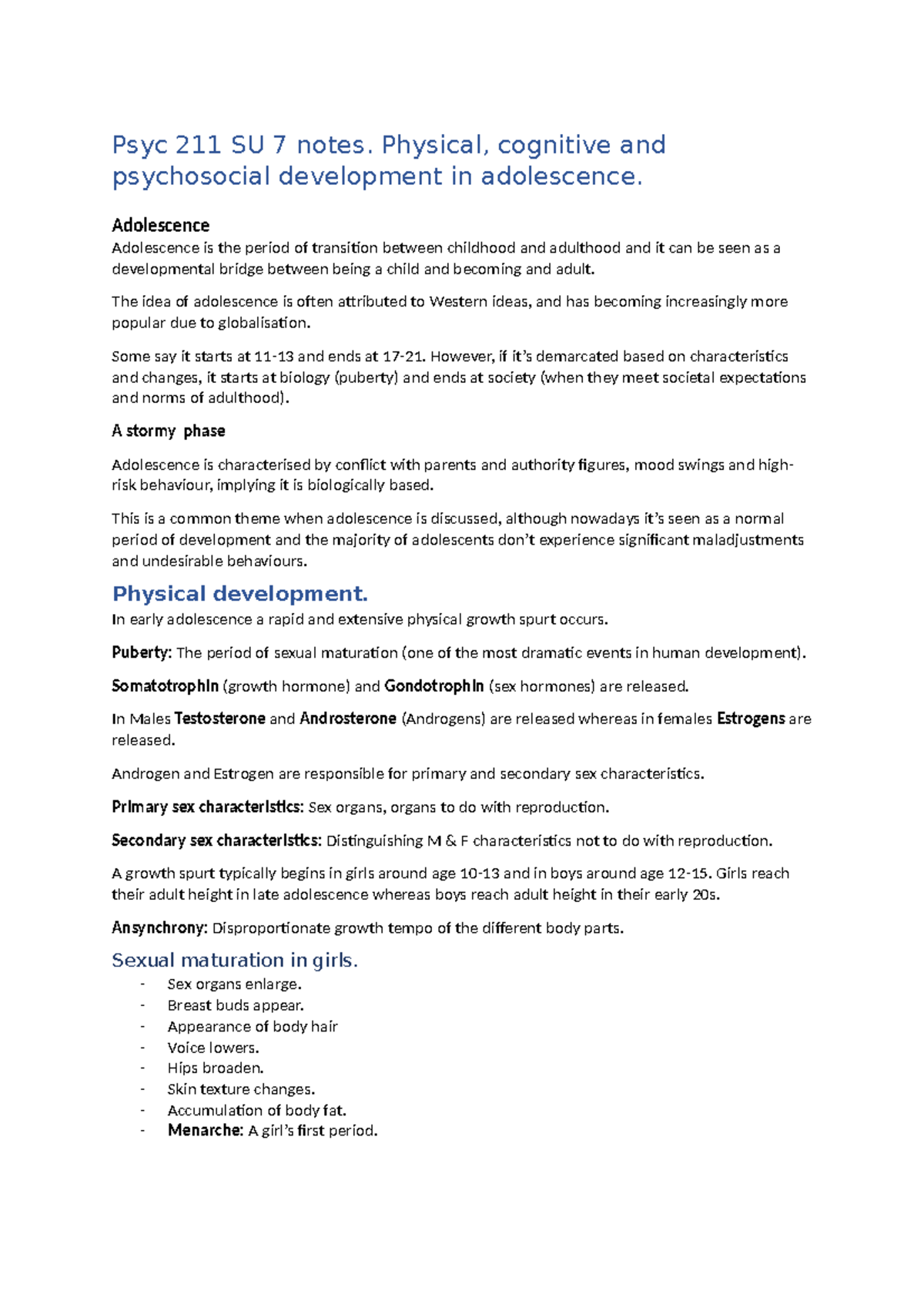 Psyc 211 SU7 notes - study - Psyc 211 SU 7 notes. Physical, cognitive ...