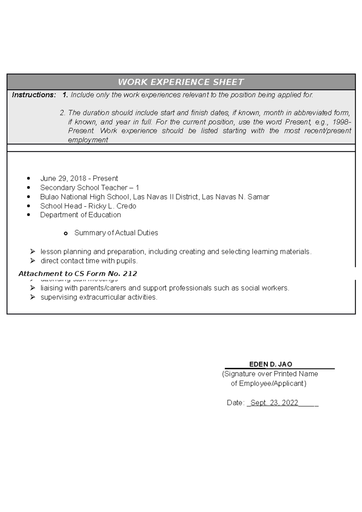 CS Form No. 212 Attachment - Work Experience Sheet - WORK EXPERIENCE ...