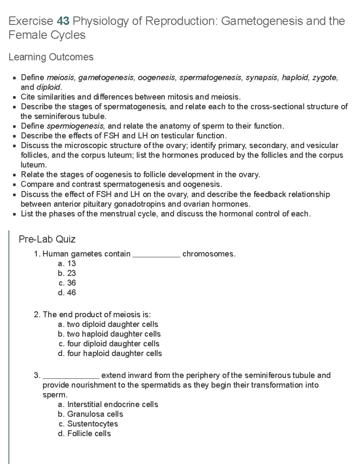 Pre Lab 43 - Physiology of Reproduction Quiz on Gametogenesis and ...