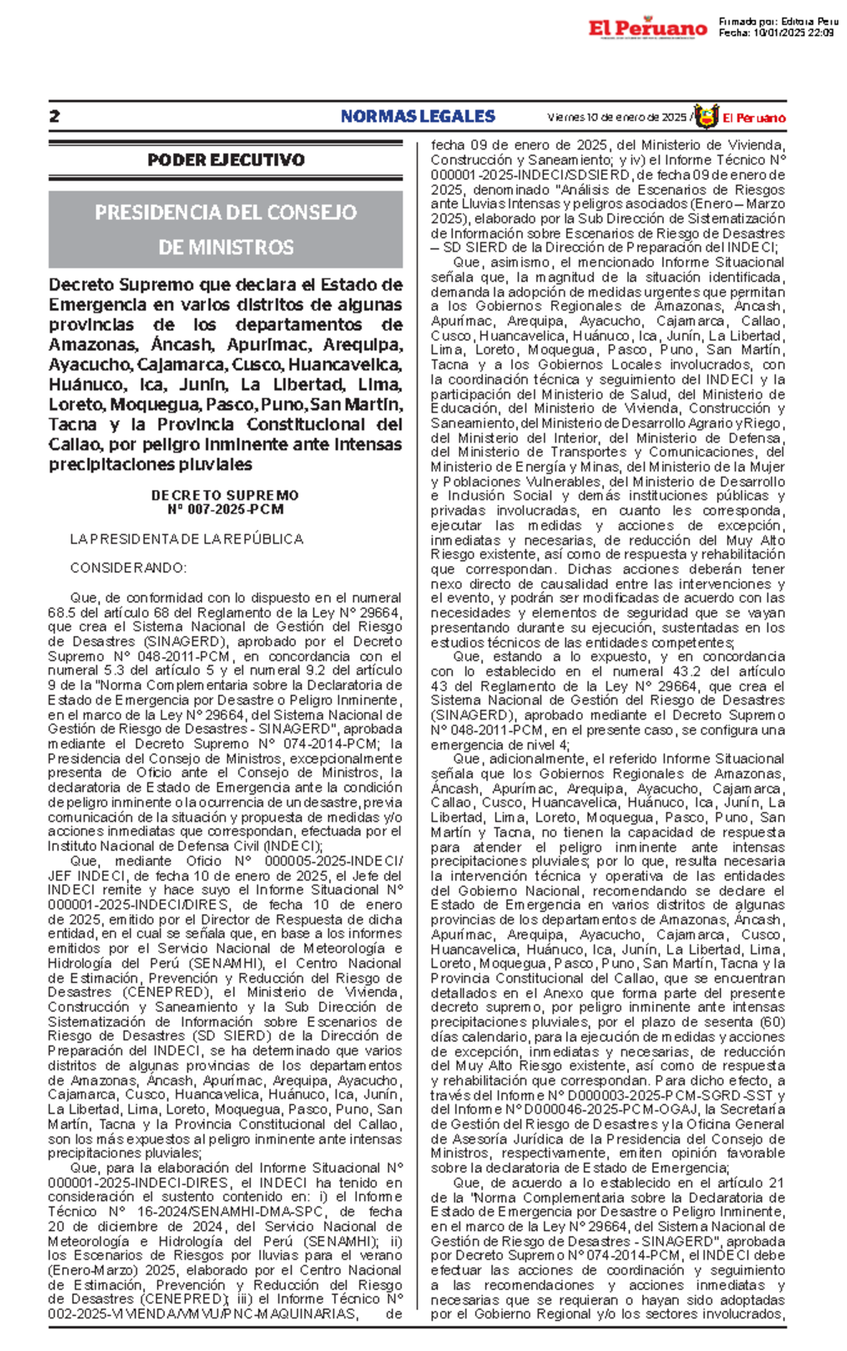 DS 007-2025-PCM Estado de Emergencia por Lluvias Intensas - Studocu