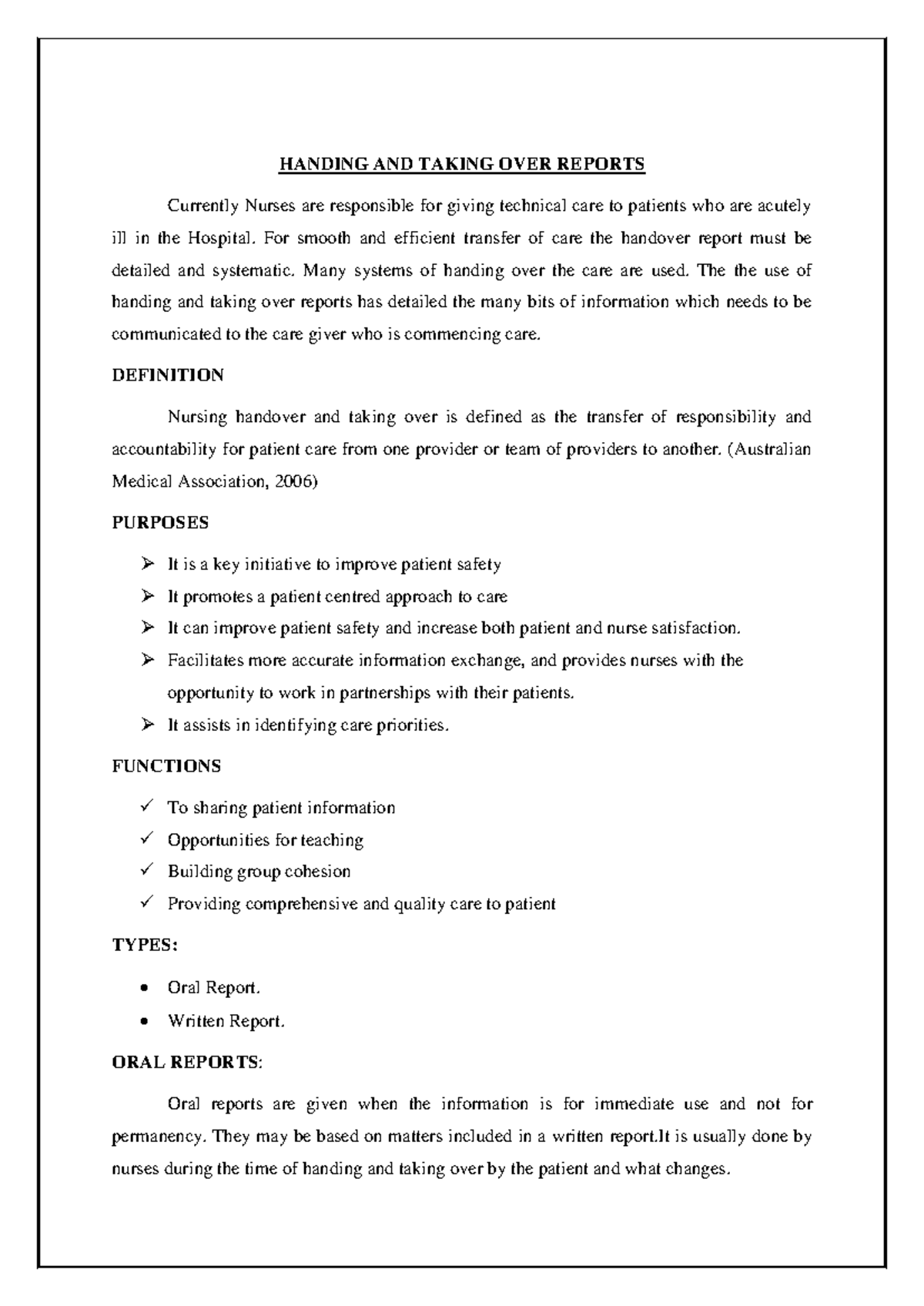 30. Nursing Handing Over and Taking Over Reports: Best Practices - Studocu