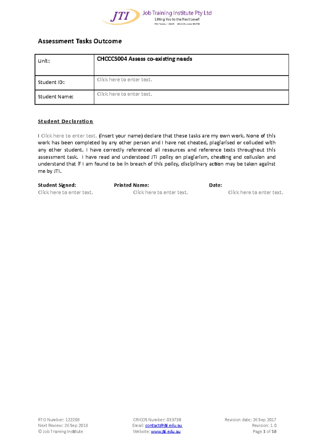 CHCCCS004 - Assessment Tasks for Assessing Co-existing Needs - Studocu