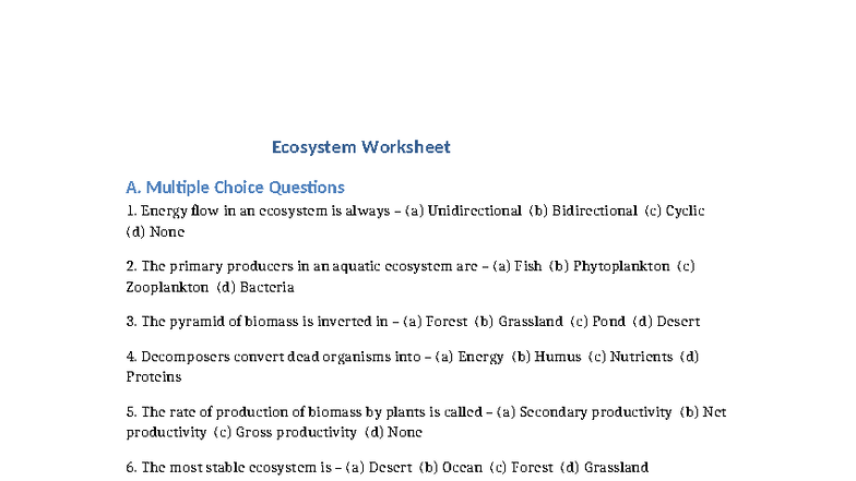 Ecosystem Worksheet A: MCQs & Assertions Review - Studocu