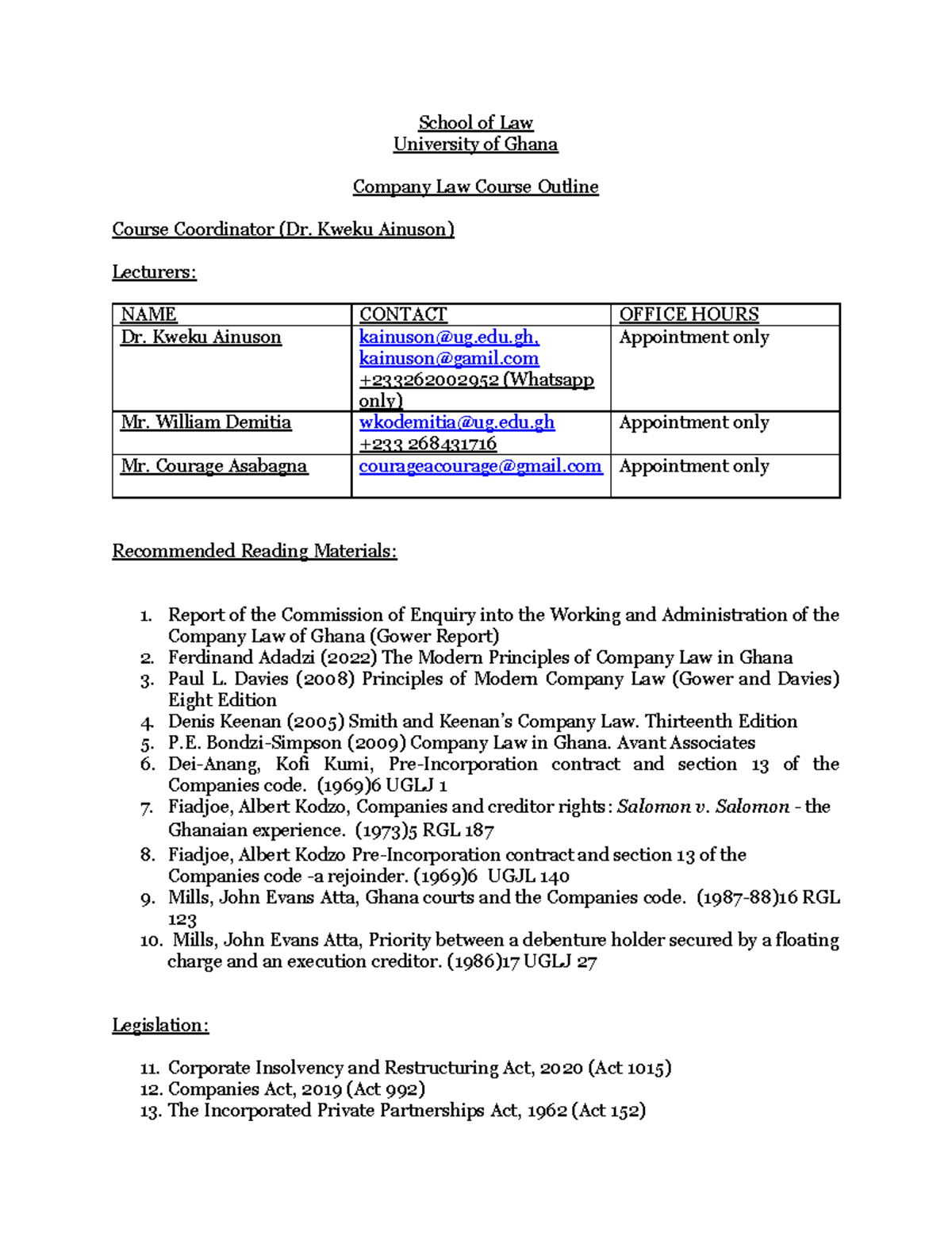 Company Law I Course Outline 2023 - University of Ghana - Studocu