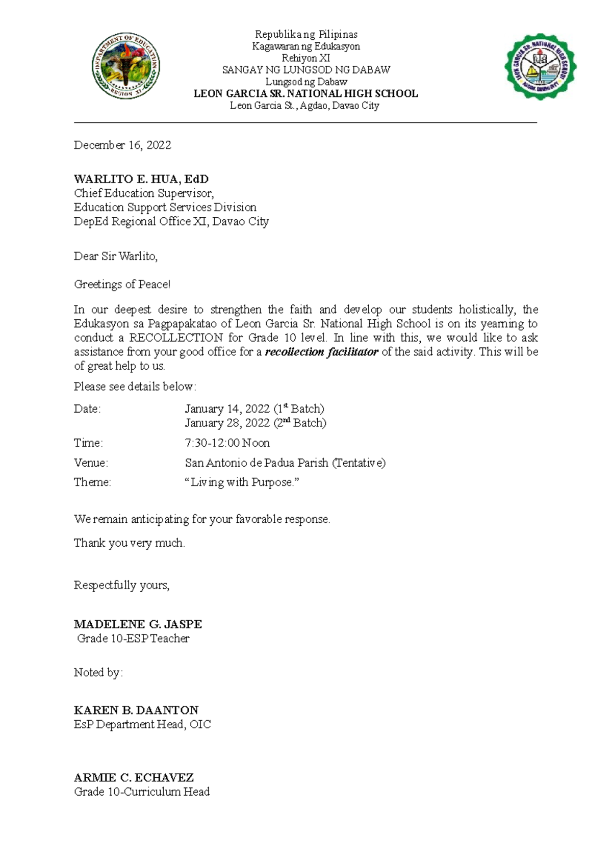 Grade 10 Recollection Program Template - "Living with Purpose" - Studocu