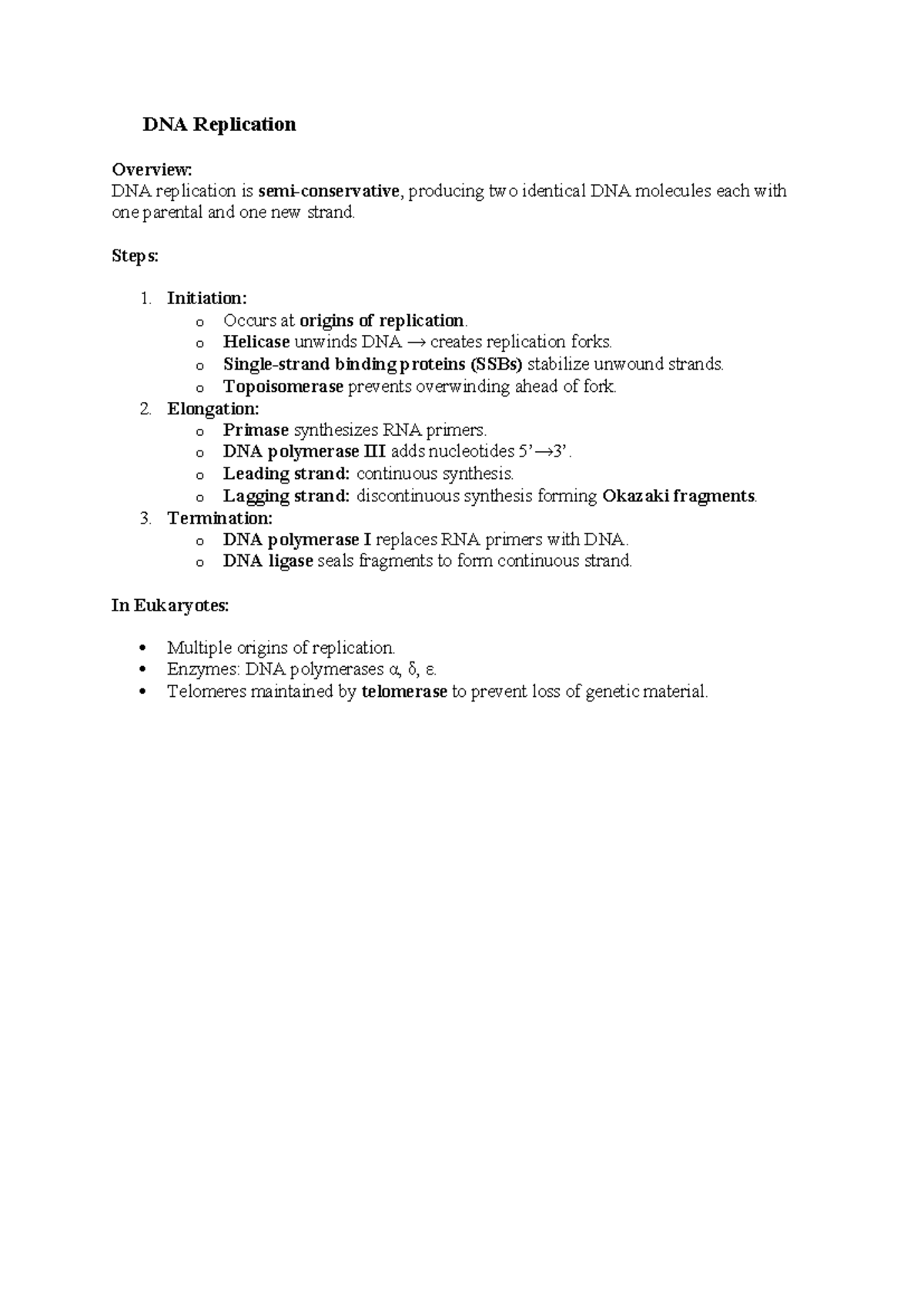 DNA Replication Overview: Key Steps and Enzymes (BIO101) - Studocu