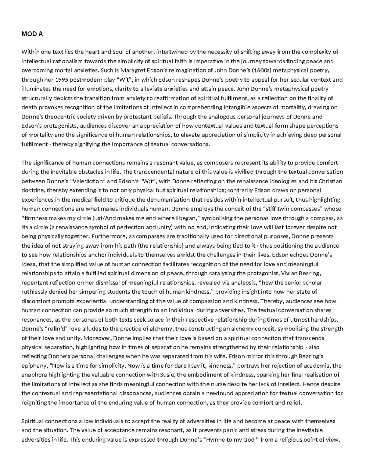 MOD A HSC Essay: Exploring Spiritual Connections in Donne and Edson's ...