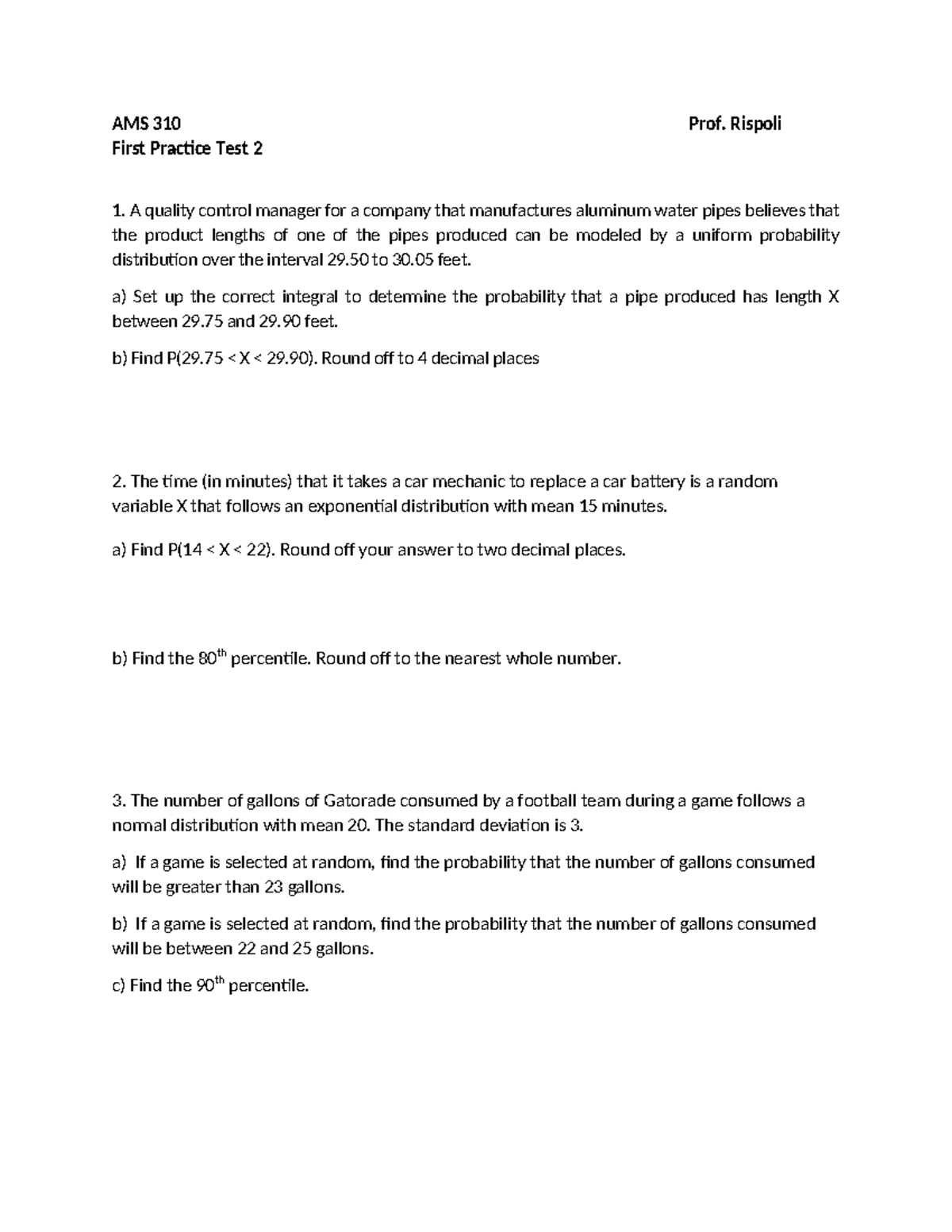 AMS 310 Practice Test 2 Overview - Fall 2024 - Studocu