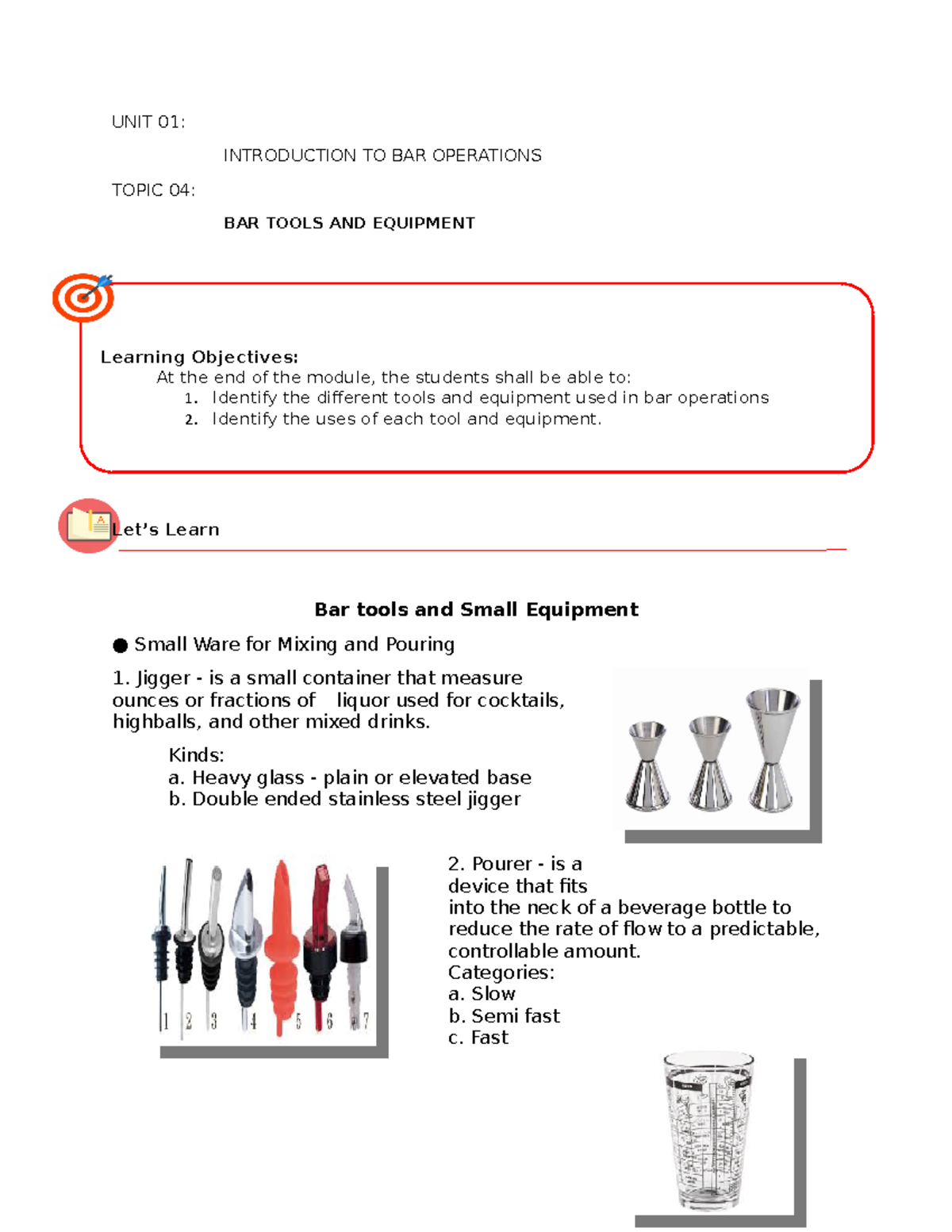 Unit 1 Topic 4 Bar Tools and Equipment - UNIT 01: INTRODUCTION TO BAR ...
