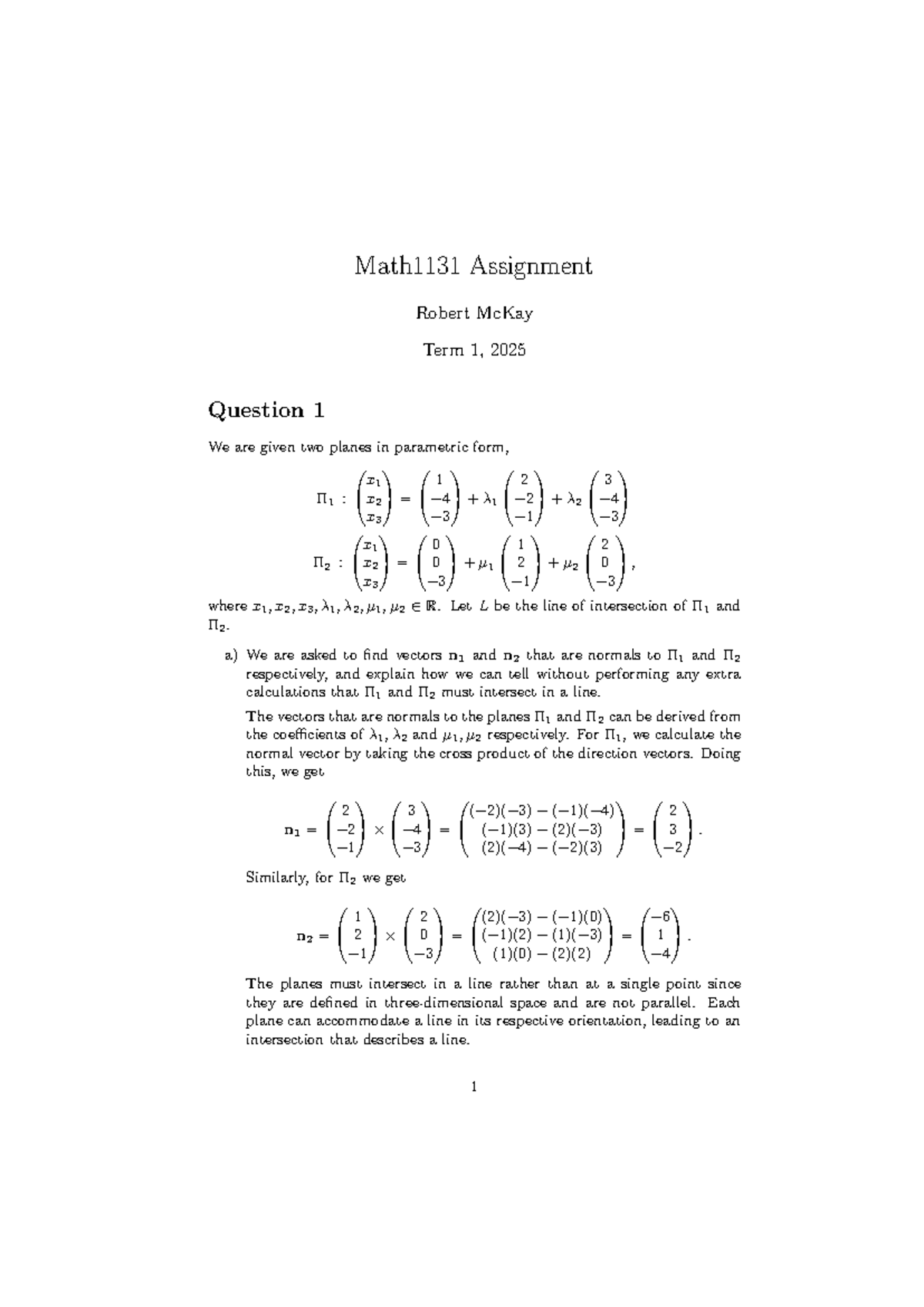 Math1131 Assignment: Analyzing Plane Intersections and Approximations - Studocu