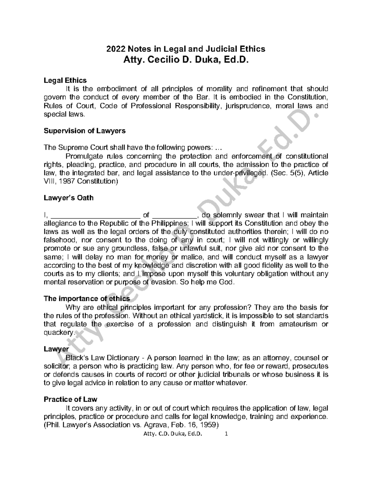 Legal Ethics Notes (BM 1992) by Atty. C.D. Duka, Ed.D. - Studocu