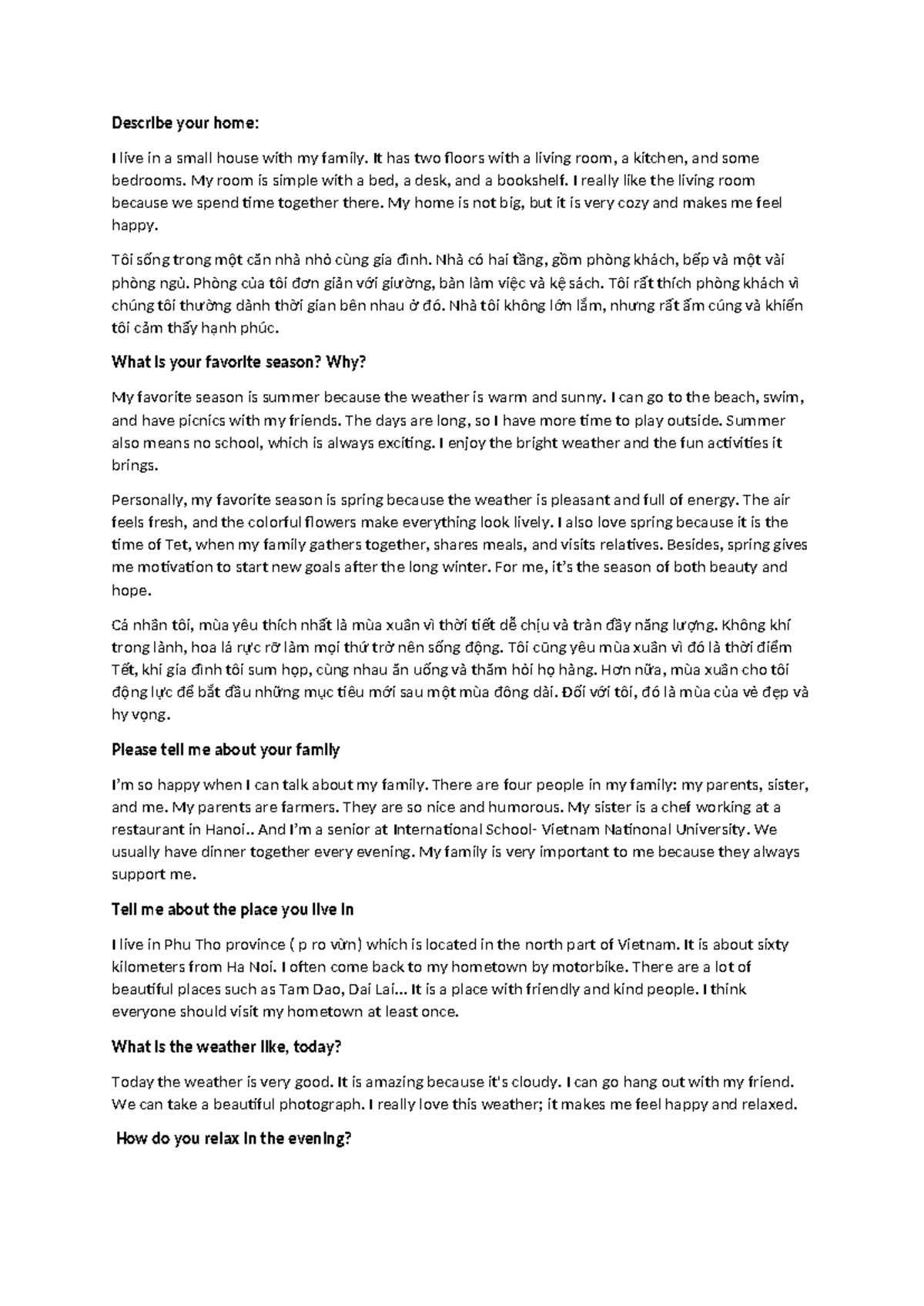 Speaking Practice: Describing Home, Family, and Seasons - Studocu