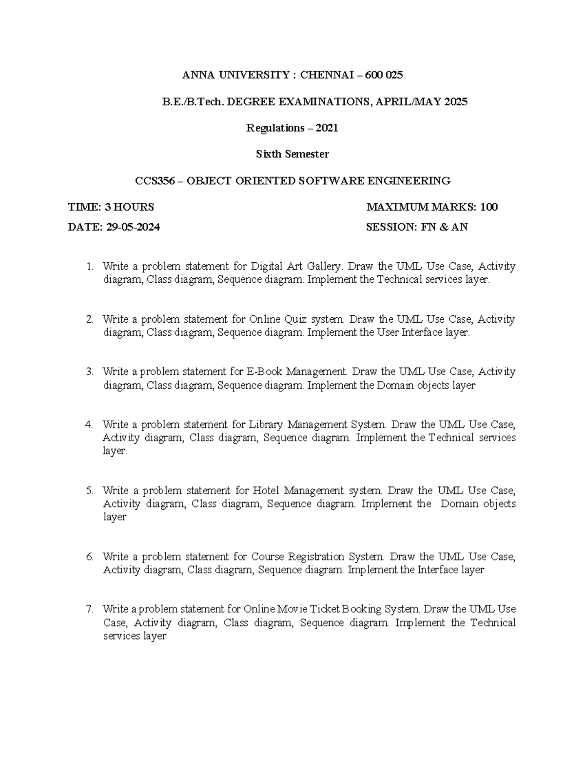 CCS356 - Object Oriented Software Engineering Exam Questions Set 1 - Studocu