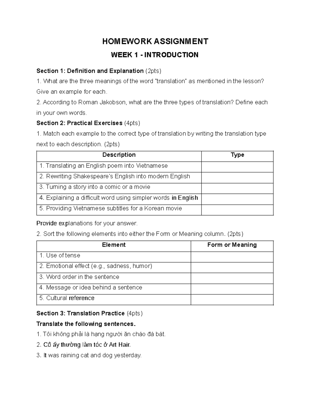 ENG 101 - Week 1 Homework Assignment: Translation Concepts & Exercises - Studocu