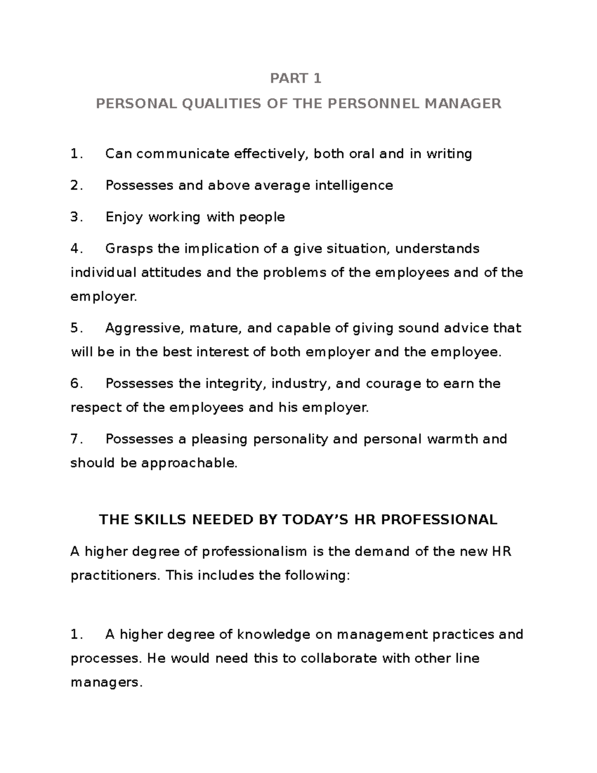 P1 Personal Qualities OF THE Personnel Manager - PART 1 PERSONAL ...