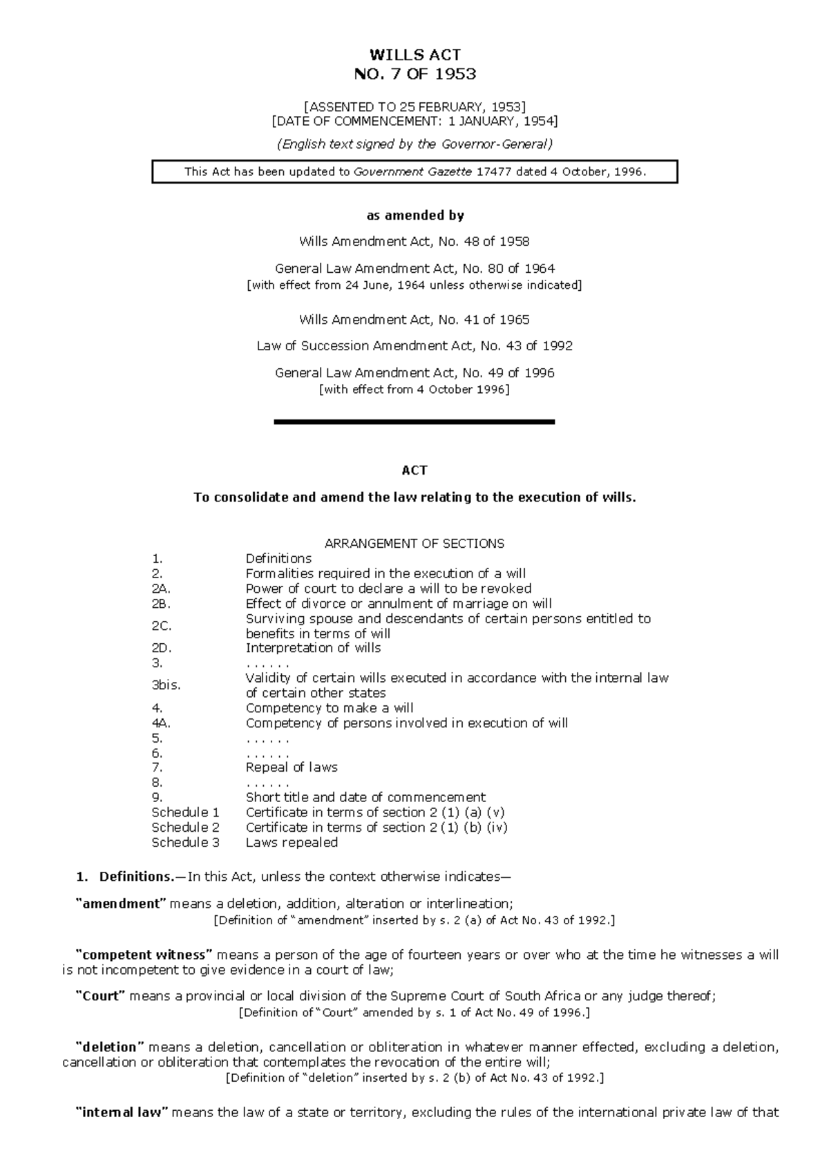 Wills Act, No. 7 of 1953: Consolidation & Amendments Overview - Studocu