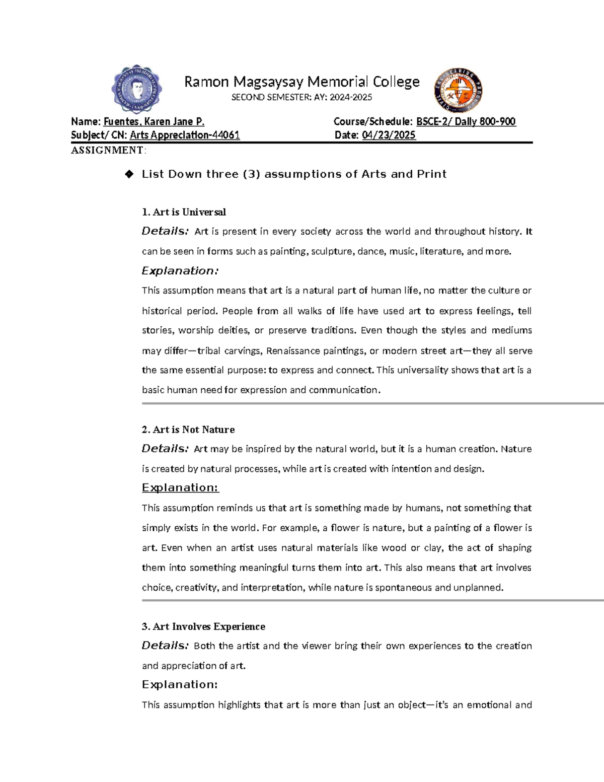 Arts Appreciation Assignment: 3 Assumptions of Art (AY: 2nd Sem) - Studocu