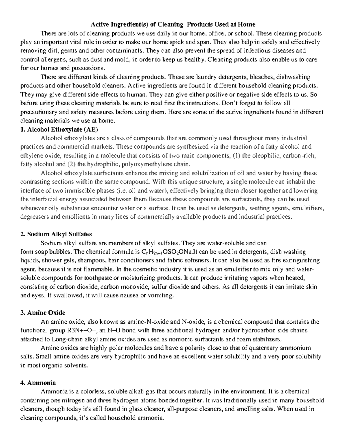 Active Ingredients in Home Cleaning Products: An Overview - Studocu