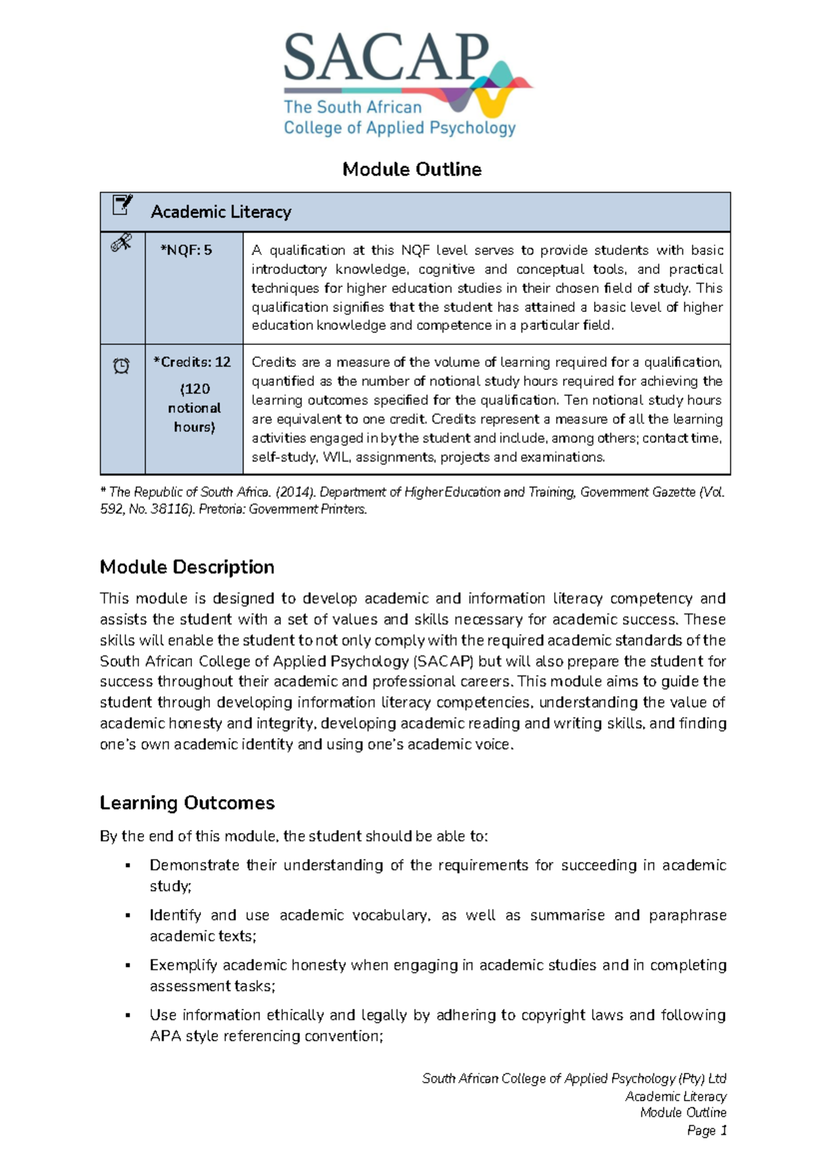 Module Outline - Academic Literacy (NQF Level 5, 12 Credits) - Studocu