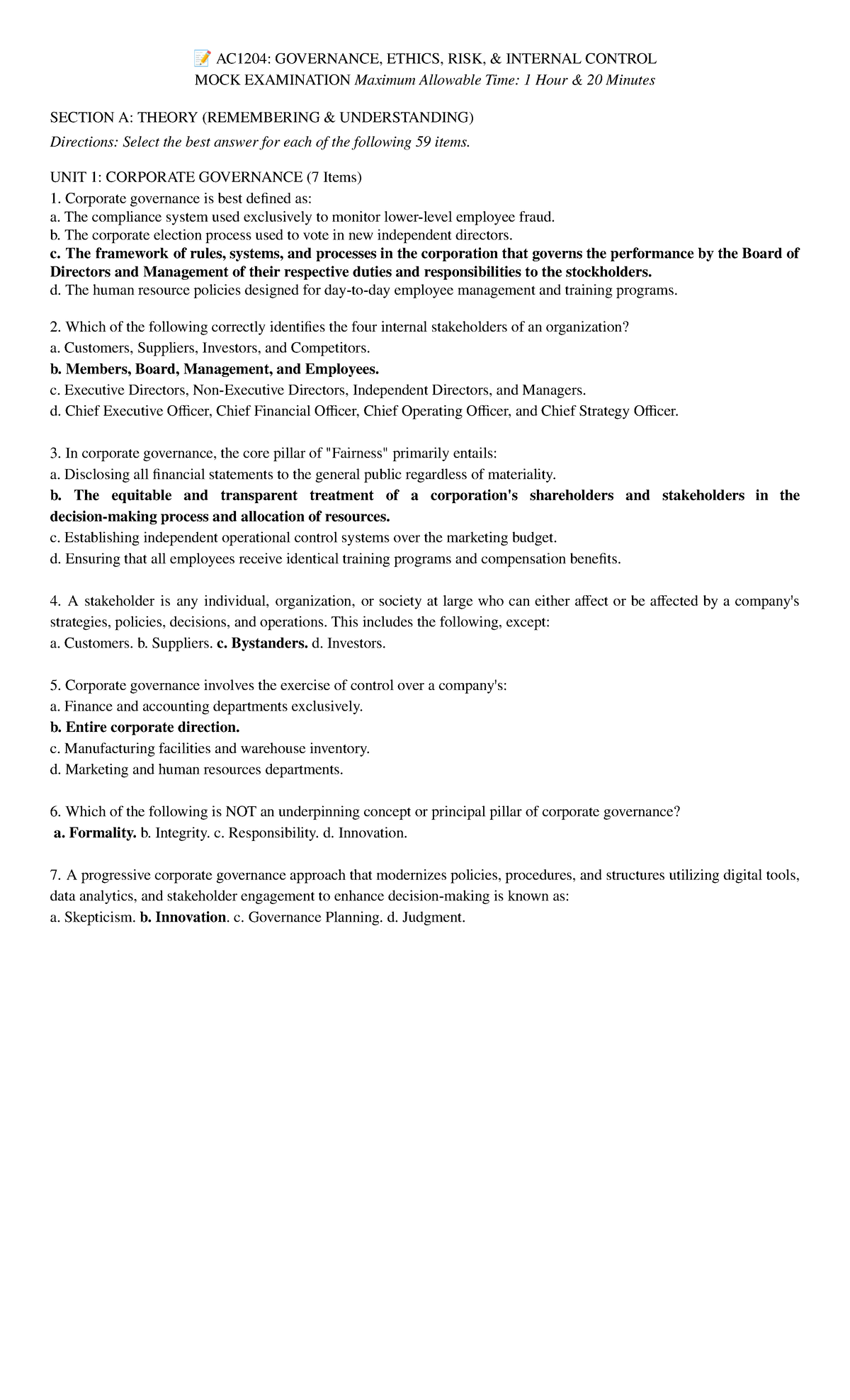 AC1204: Governance, Ethics, Risk, Internal Control Mock Exam Guide ...
