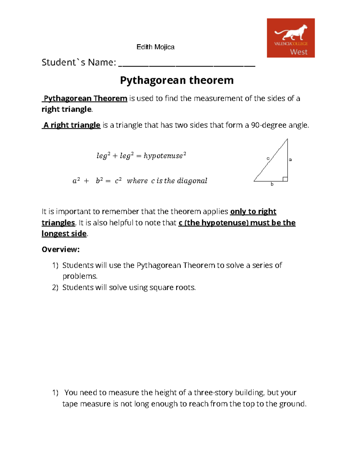 Pythagorean Theorem Applications: Right Triangle Problems (MATH101) - Studocu