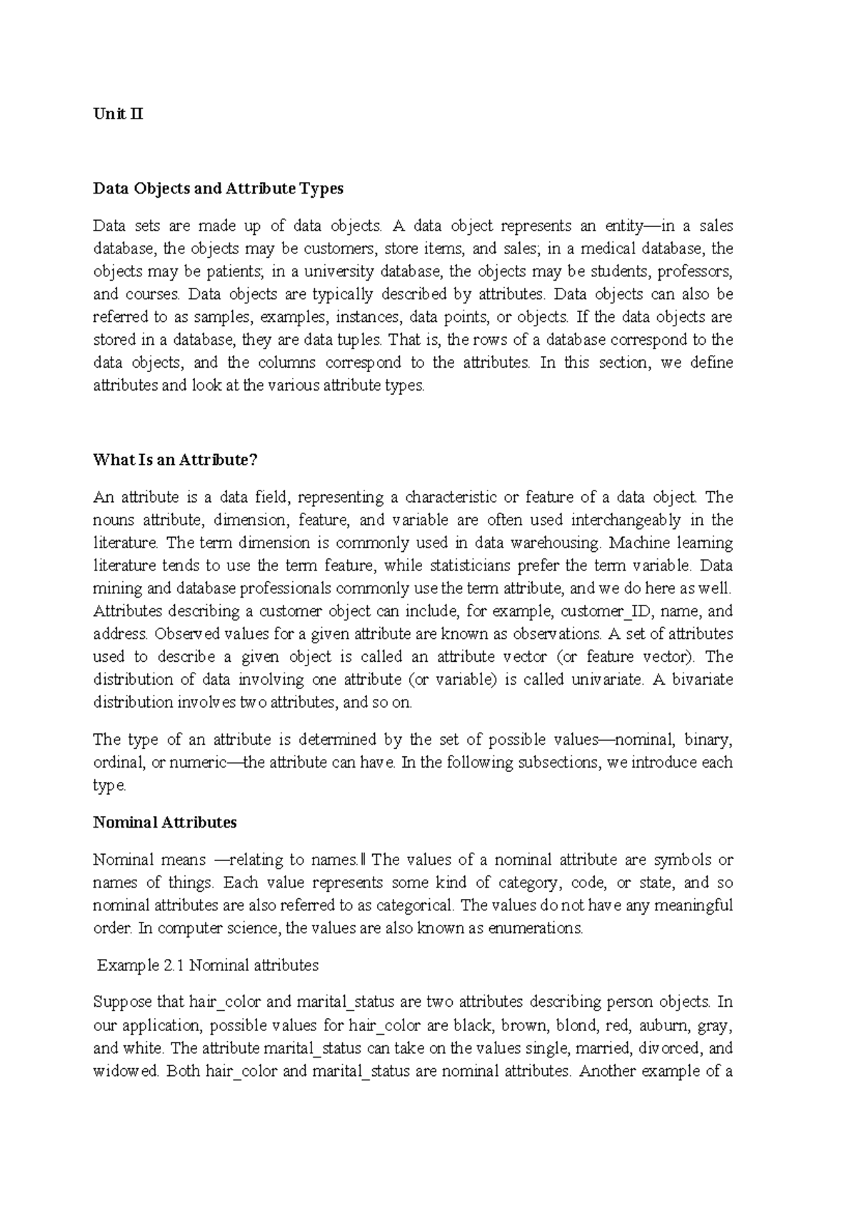 Unit II - Data Objects and Attribute Types Notes - Studocu