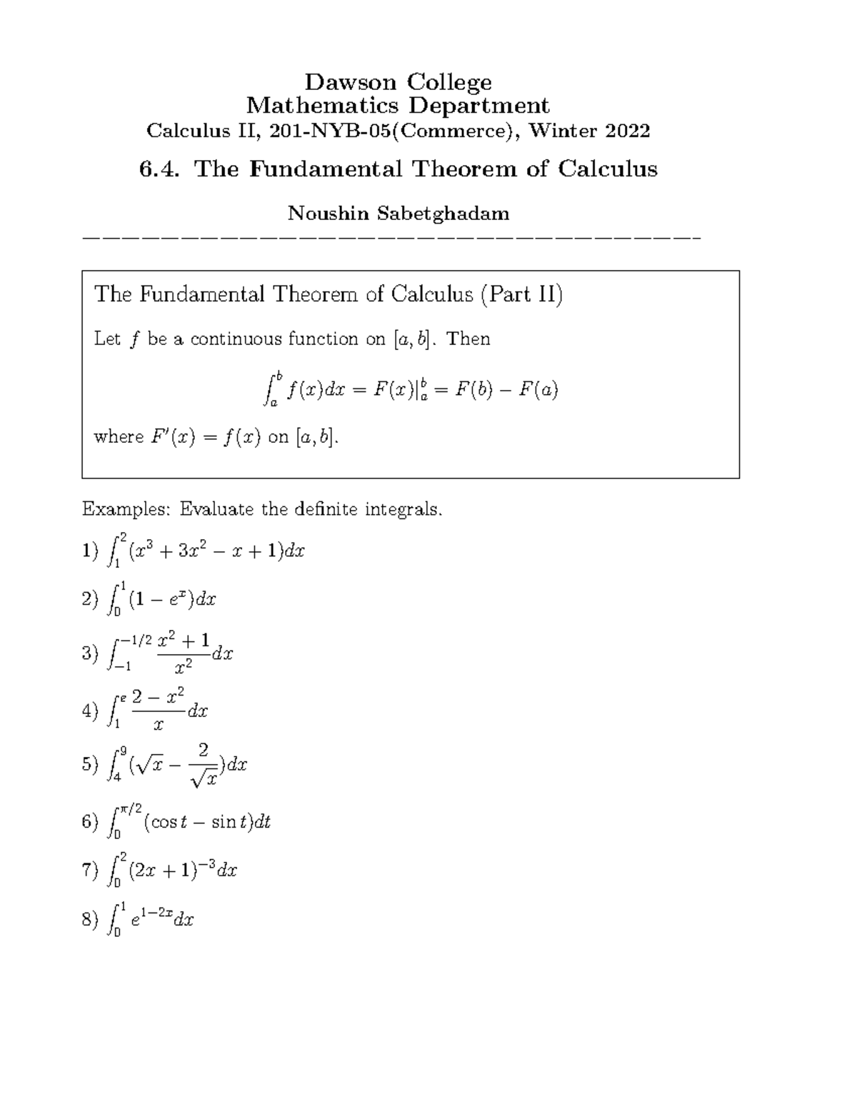 Calculus II (MATH 202) Lecture Notes: The Fundamental Theorem of ...