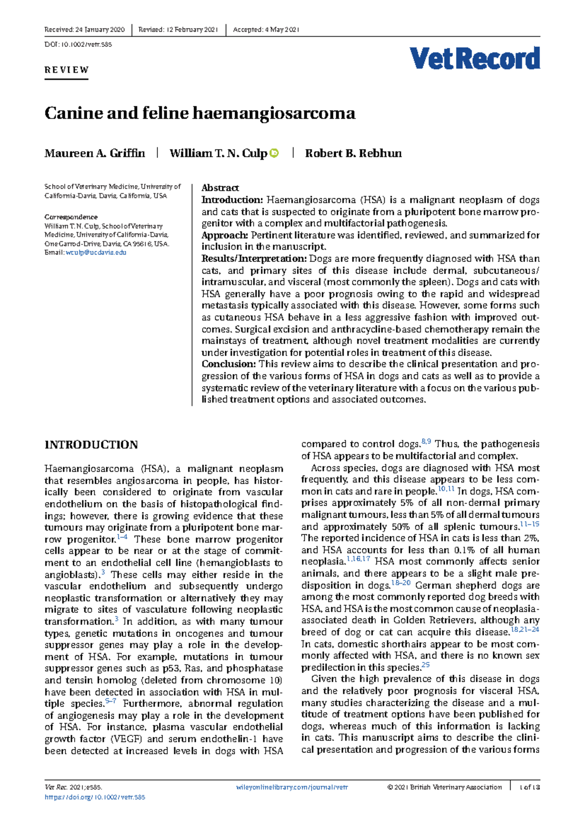 Veterinary Review: Canine and Feline Haemangiosarcoma Insights - Studocu